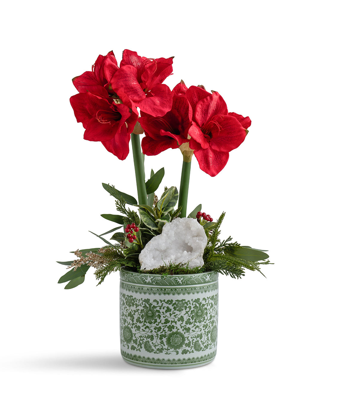 Double Red Amaryllis in Green Oriental Container – T&C Floral Company